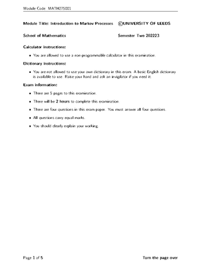 2020 Exam for Markov Processes - MATH2750 Introduction to Markov Processes (2019–20) Assessment ...