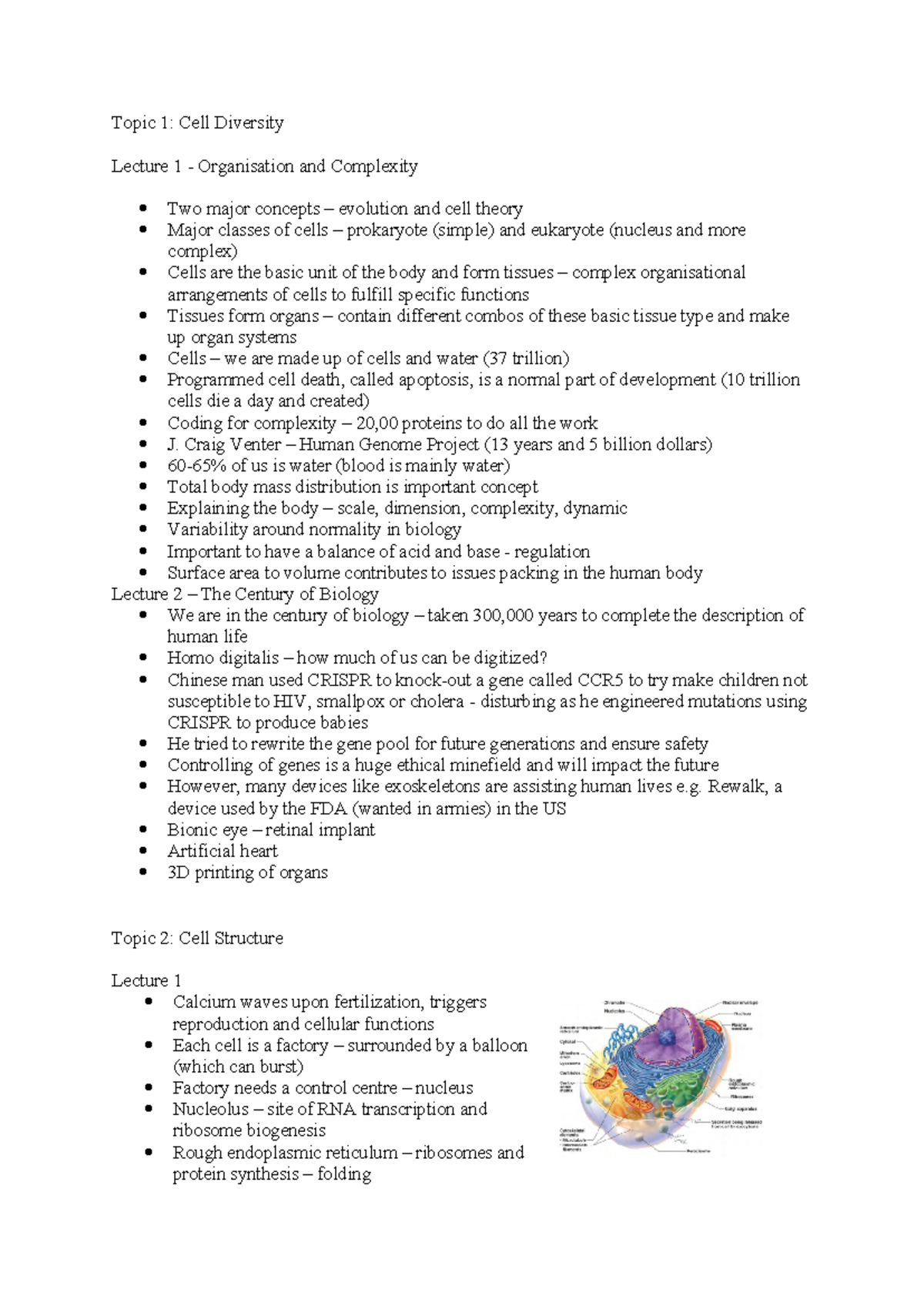 Human Biology - notes - Topic 1: Cell Diversity Lecture 1 ...
