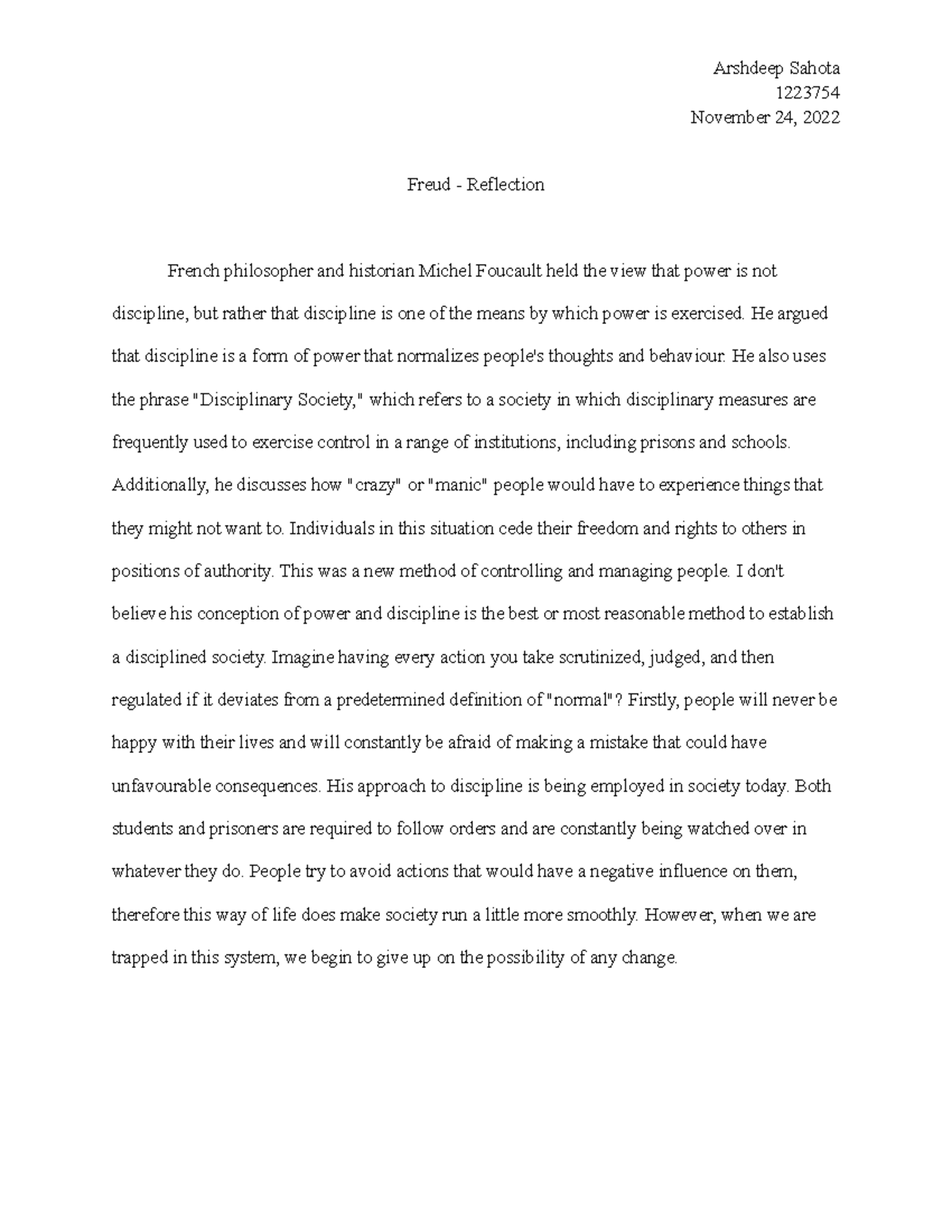 Freud Reflection - Arshdeep Sahota 1223754 November 24, 2022 Freud ...