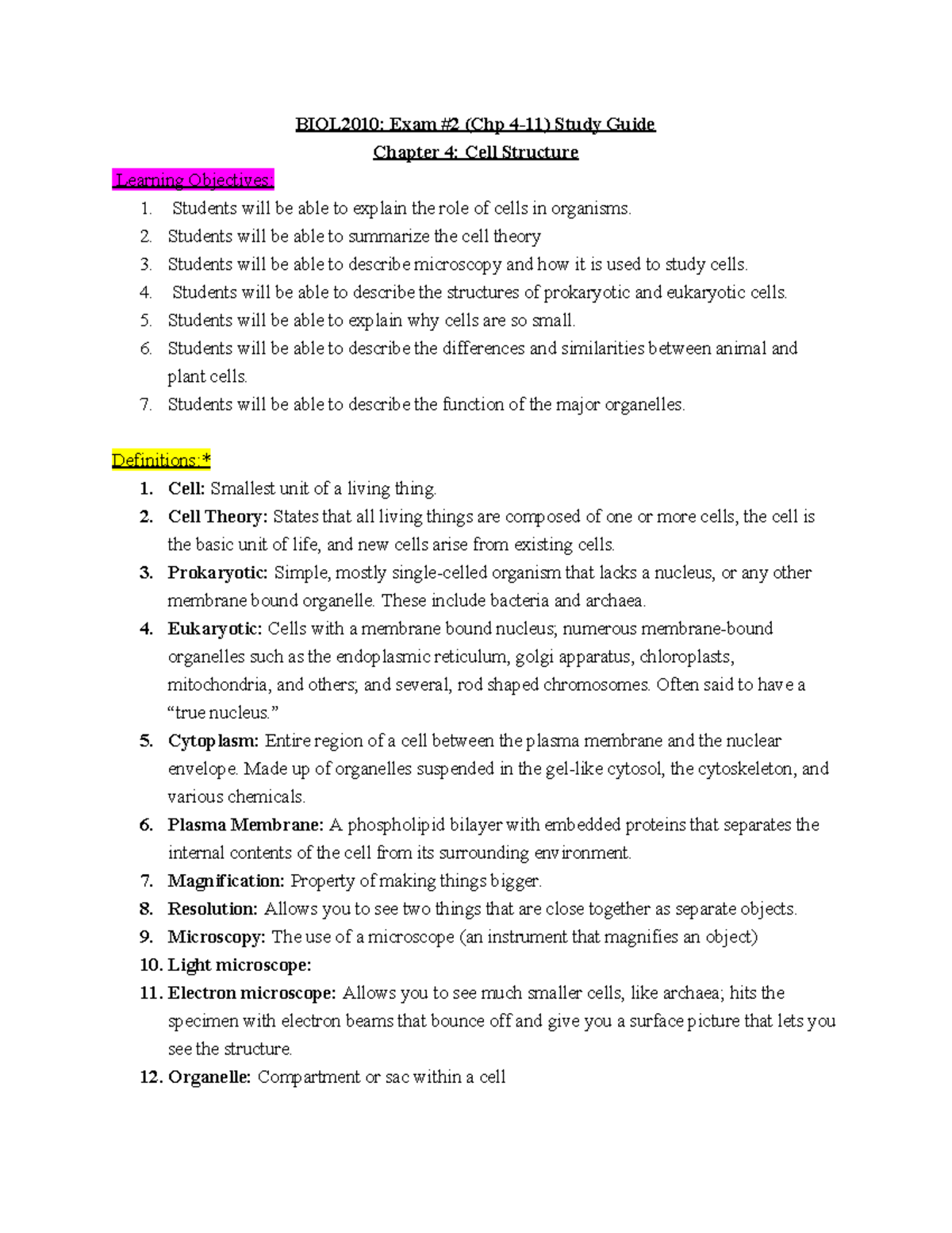 Biology Exam #2 Chp 4-11 - BIOL2010: Exam (Chp Study Guide Chapter 4 ...