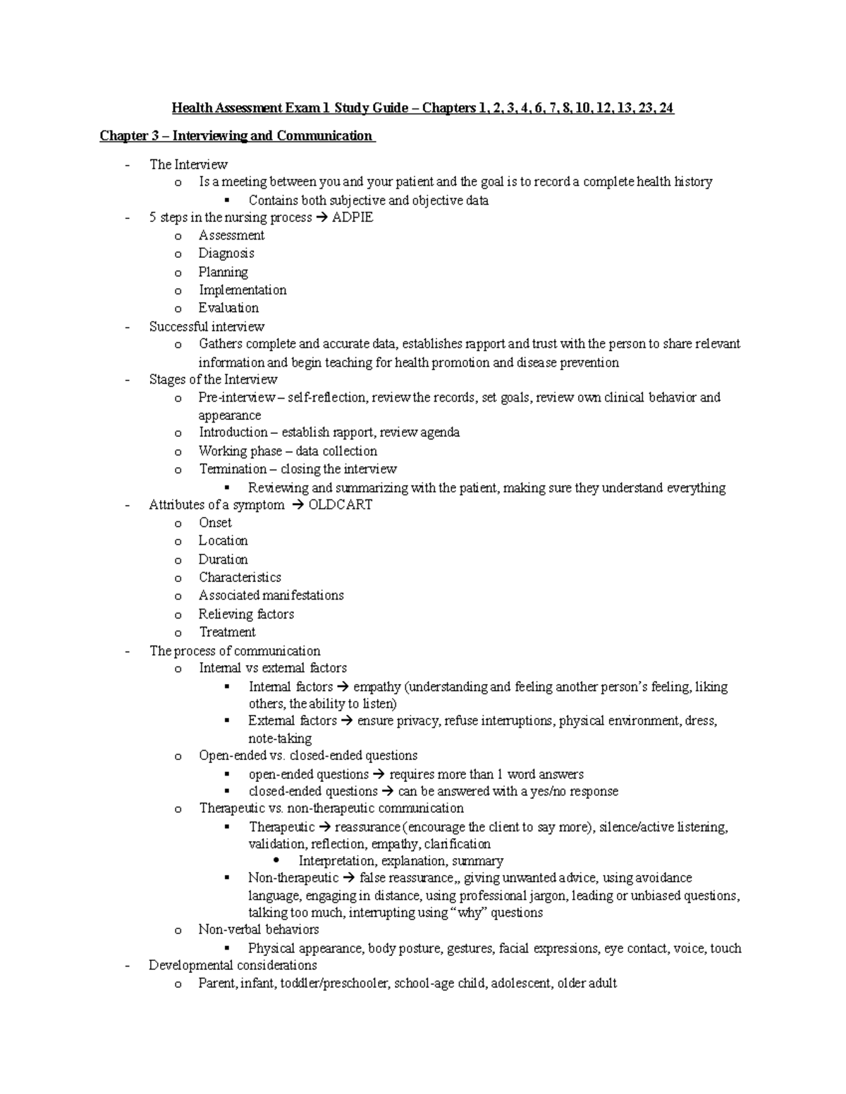 Exam 1 Content - Excluding Resp. System - Health Assessment Exam 1 ...