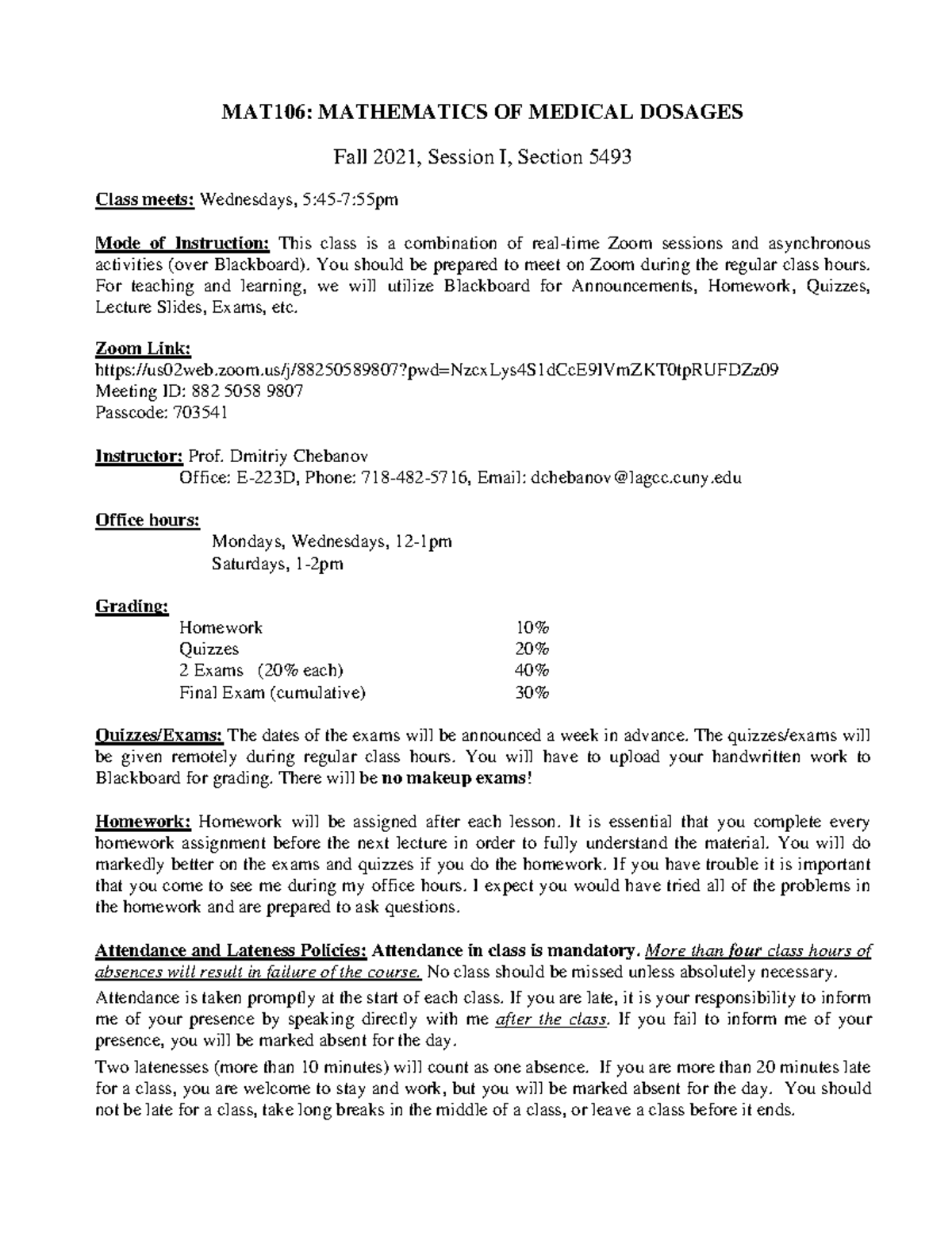 Syllabus mat106 - MAT106: MATHEMATICS OF MEDICAL DOSAGES Fall 2021 ...