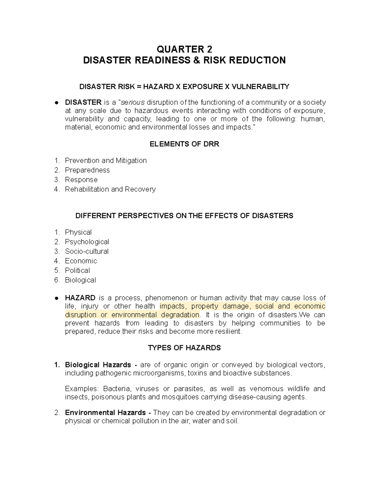 DRRR Reviewer - QUARTER 2 DISASTER READINESS & RISK REDUCTION DISASTER ...