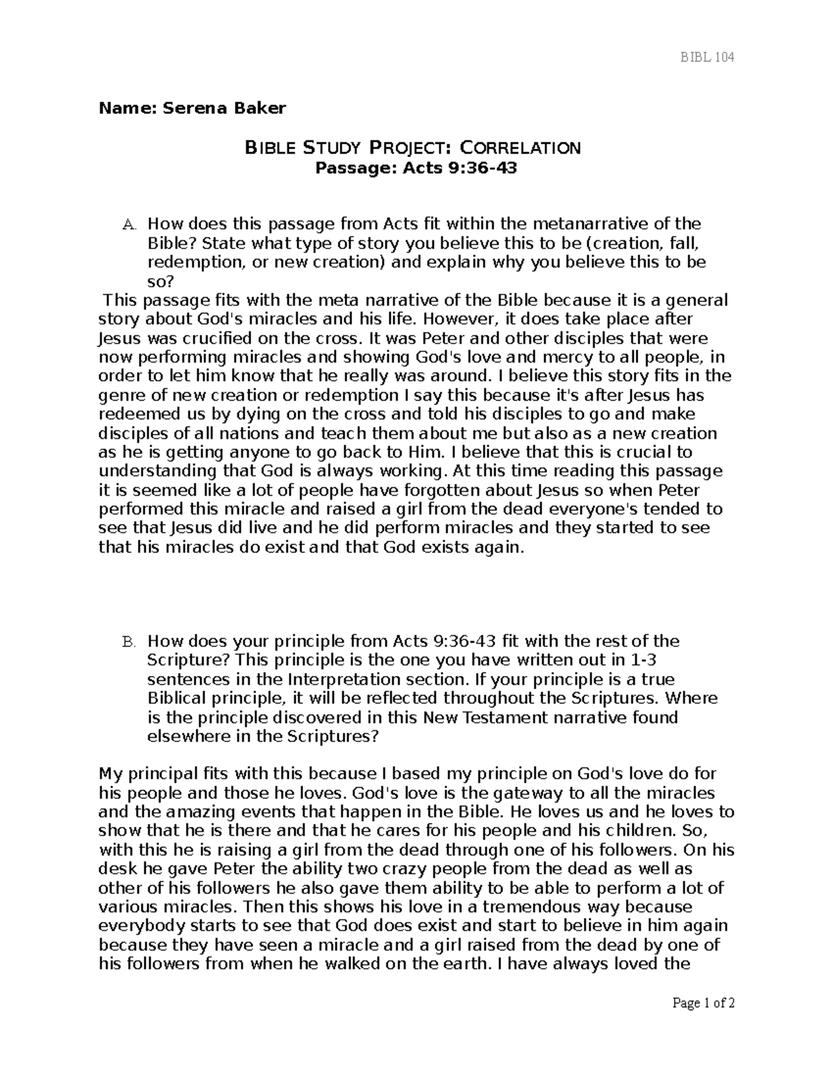Bible Study Project Correlation - BIBL 104 Name: Serena Baker BIBLE ...