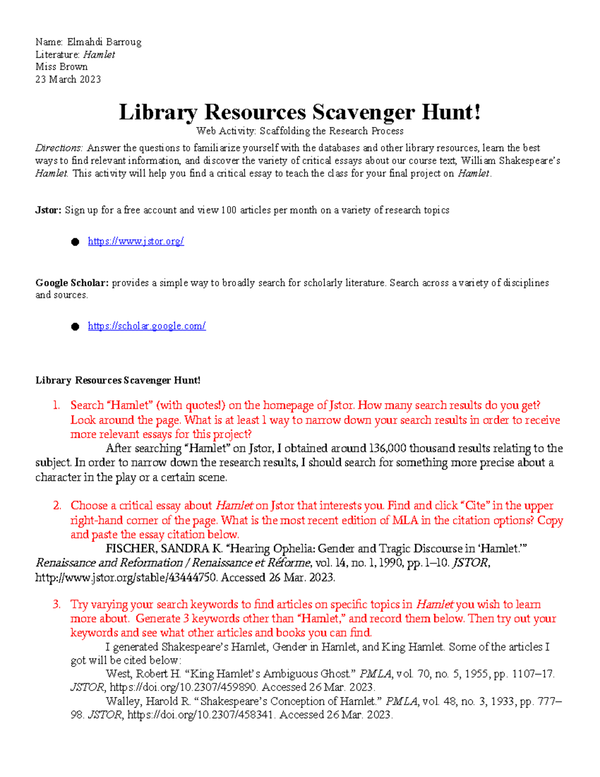 Hamlet Library Resources Scavenger Hunt-1 (1) - Name: Elmahdi Barroug ...