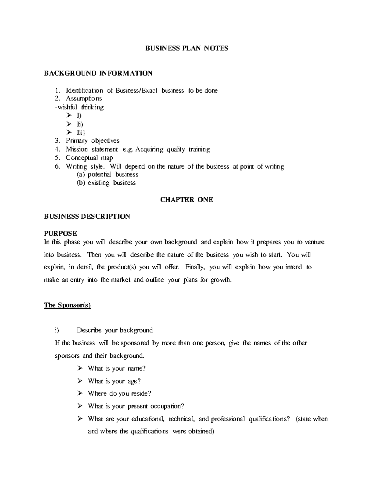 9002 business plan notes - BUSINESS PLAN NOTES BACKGROUND INFORMATION ...