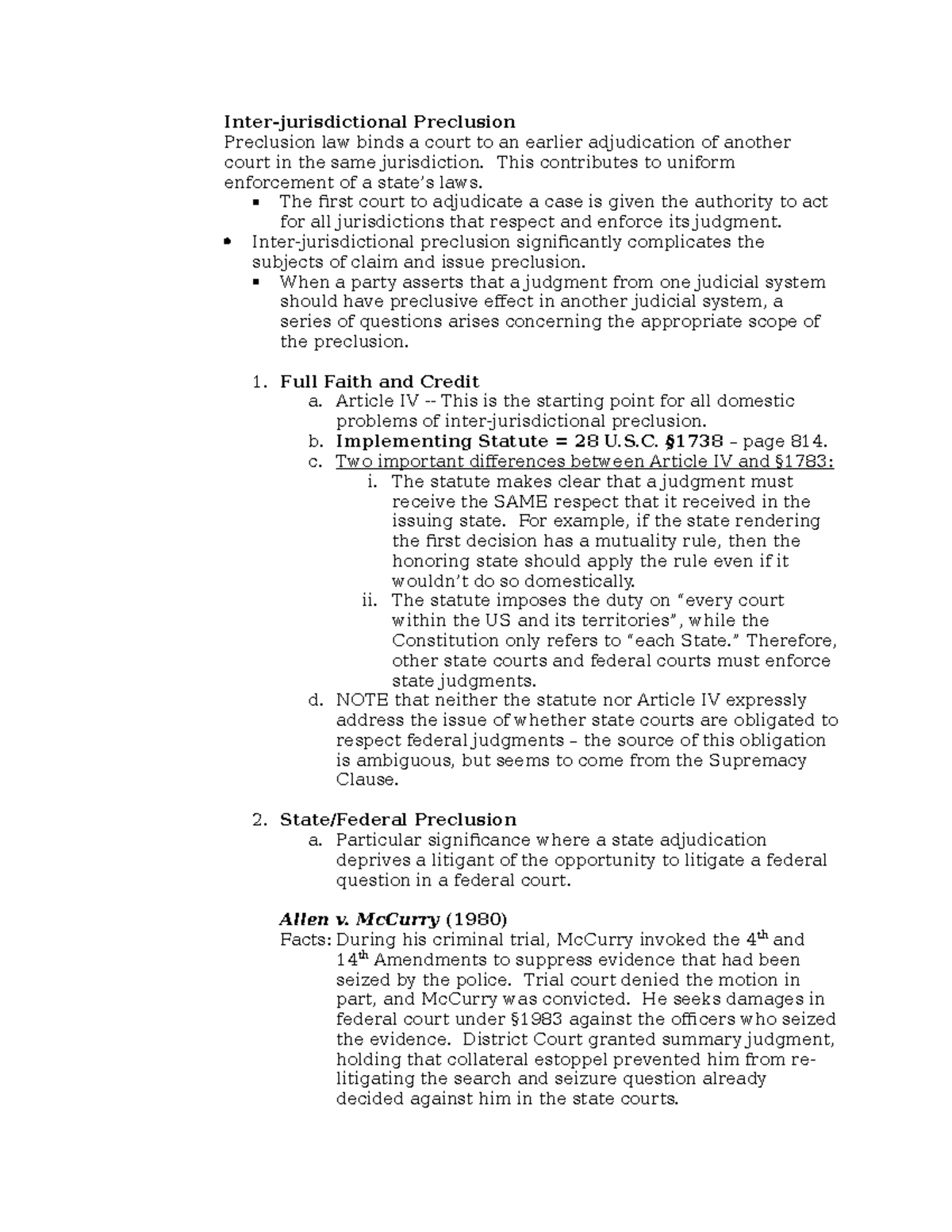 Civil Procedure - Prof Garza 1 - Inter-jurisdictional Preclusion ...