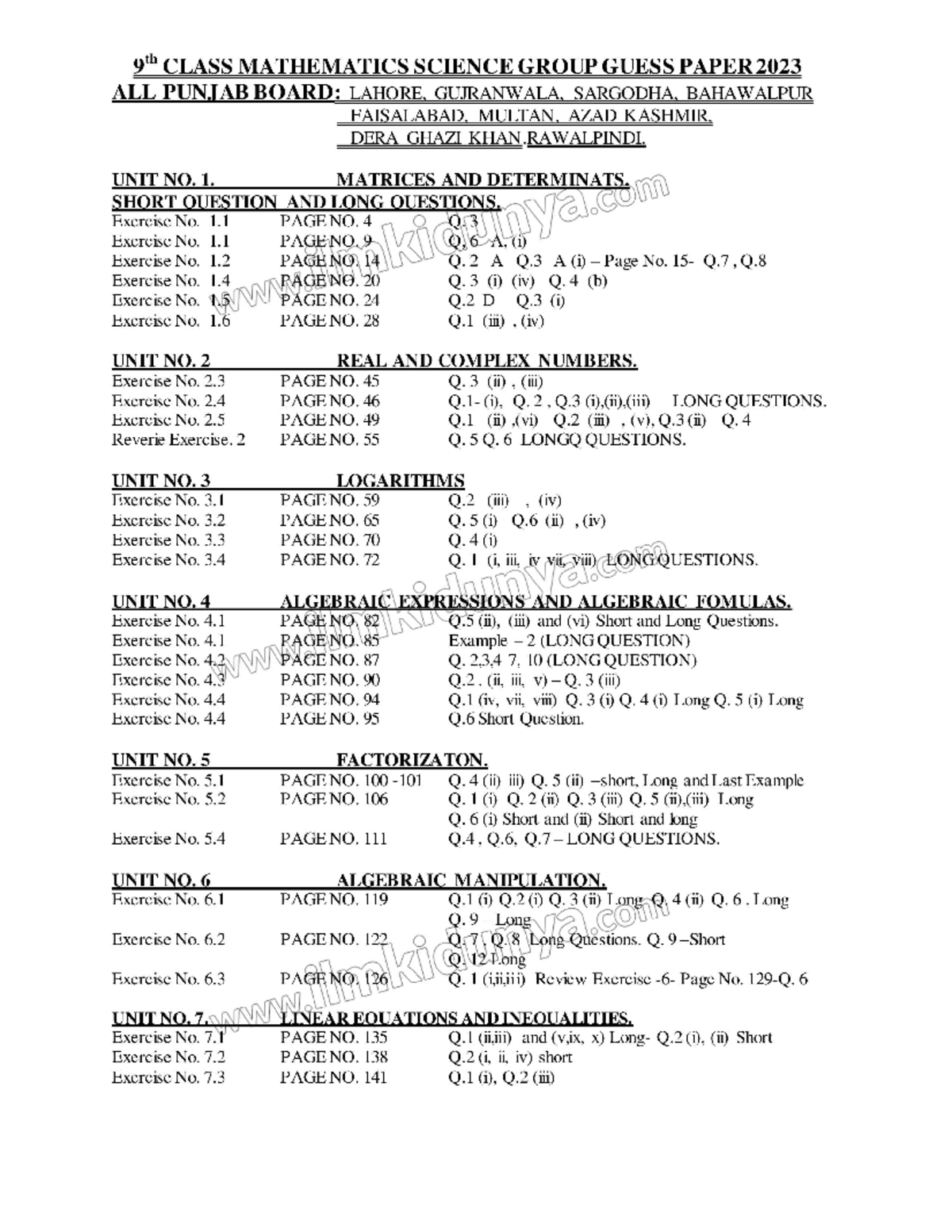 9th class mathematics guess paper - Namaz, Islamic studies - Studocu