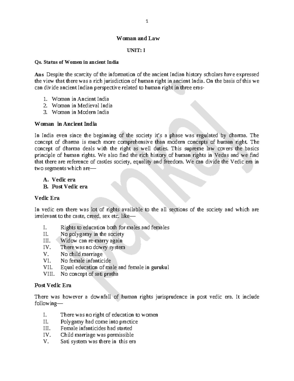 Women and Law-1 - Woman and Law UNIT: I Qs. Status of Women in ancient ...