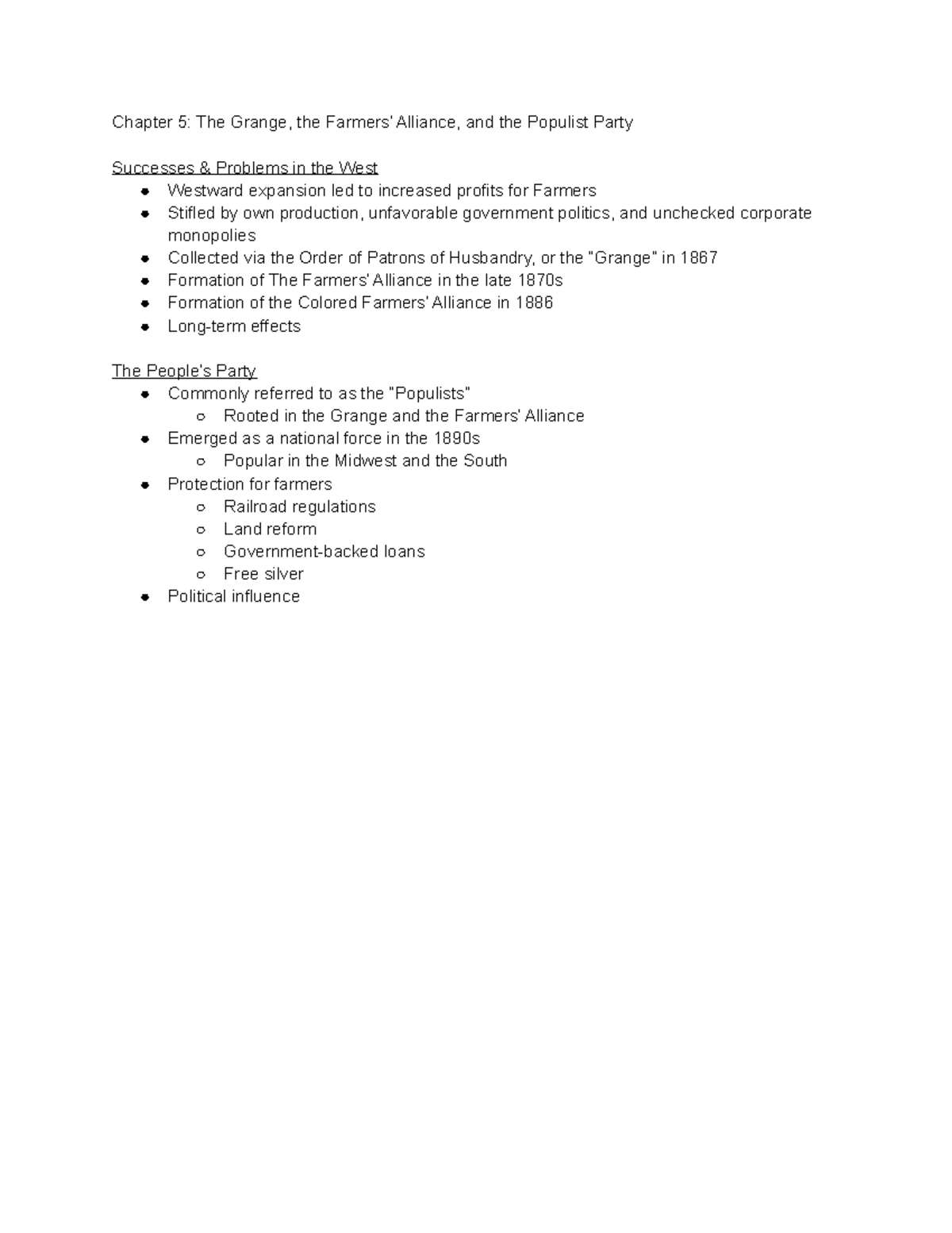 Chapter 5 The Grange, the Farmers’ Alliance, and the Populist Party ...