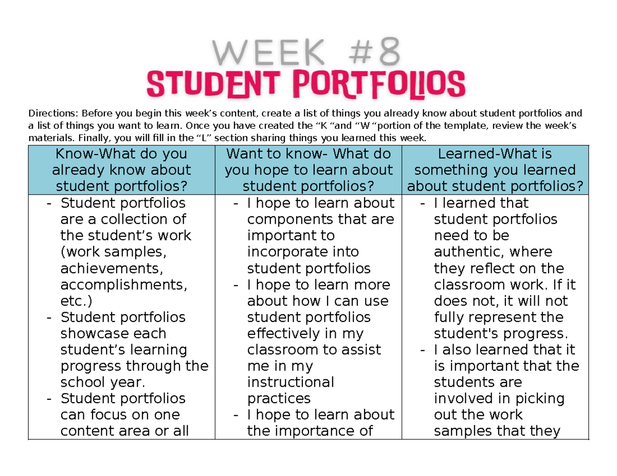 Student Portfolio KWL - Zamudio - Directions: Before you begin this ...
