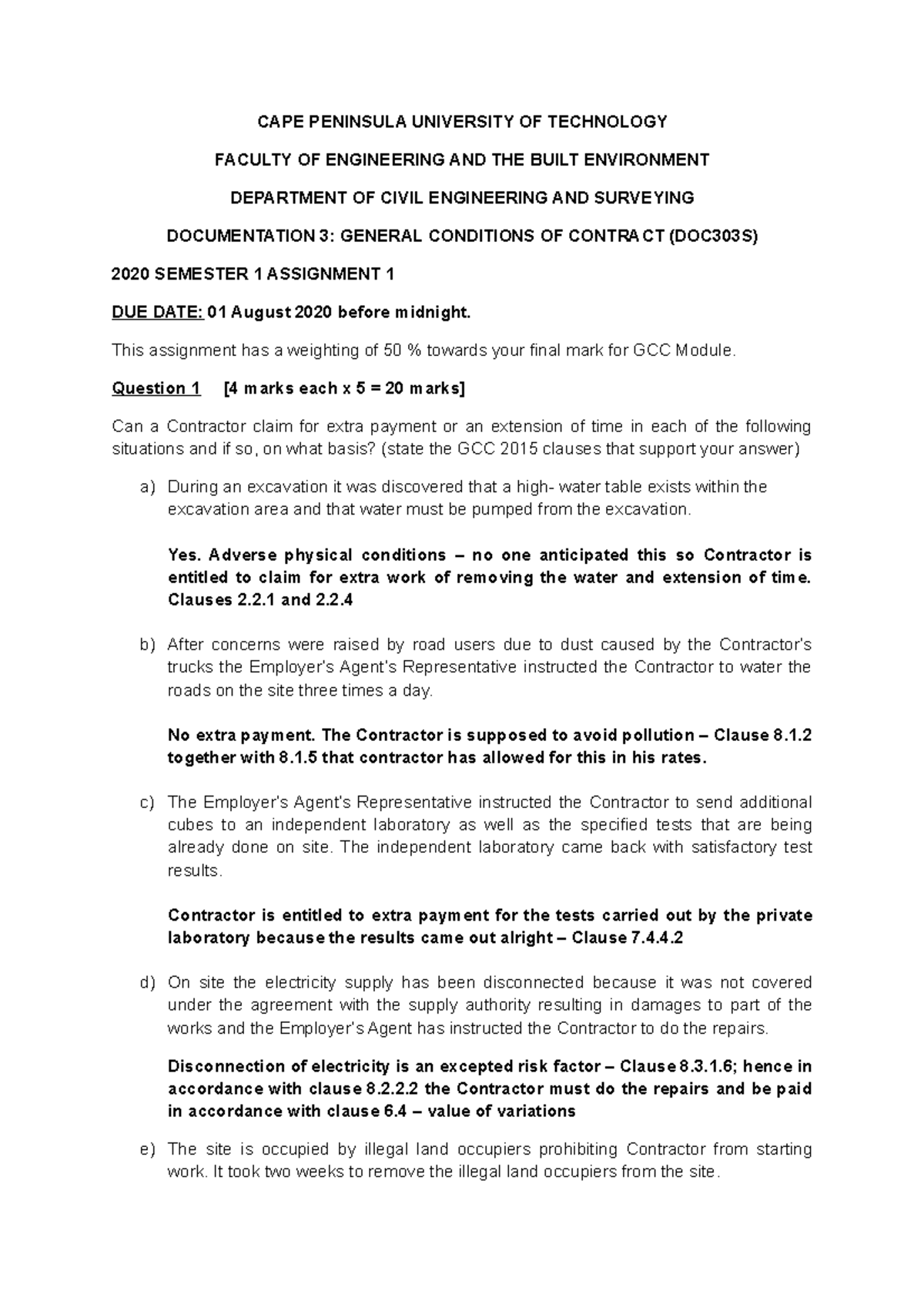Memo 2020 Sem 1 GCC Assignment 1 - CAPE PENINSULA UNIVERSITY OF ...