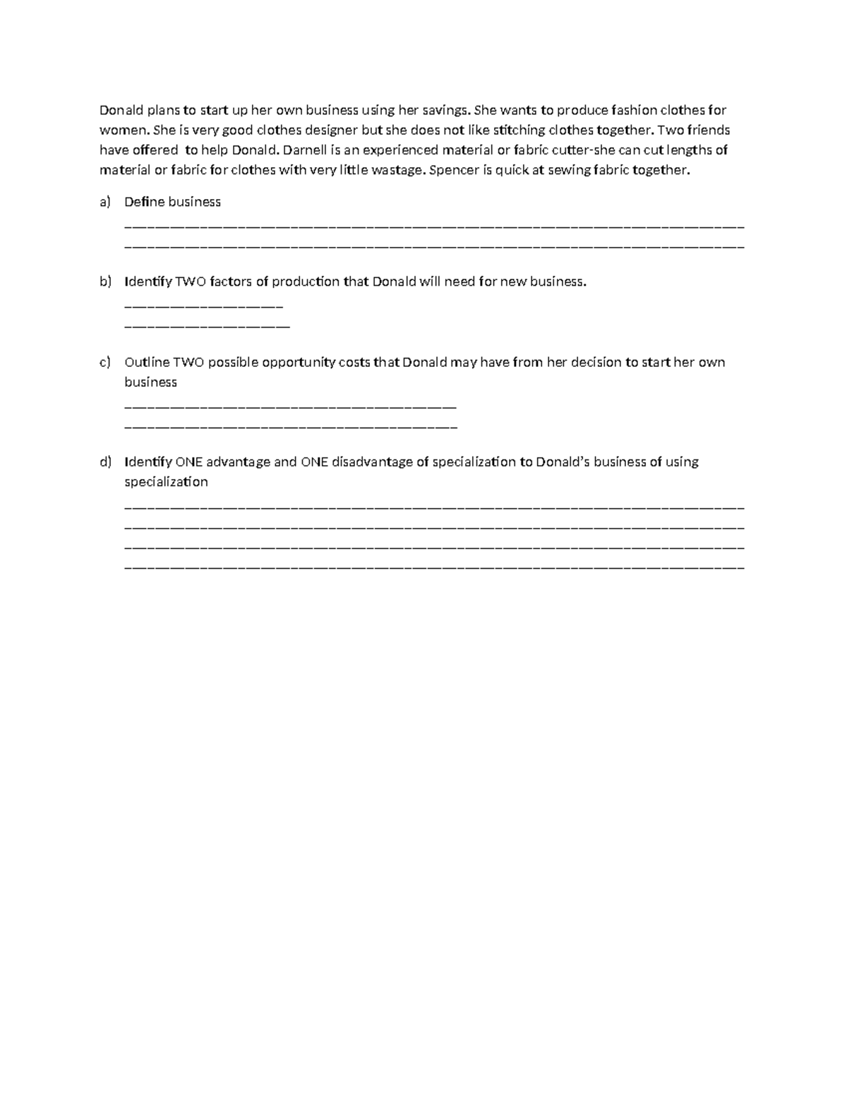 Business Activity Exercise - Donald plans to start up her own business ...