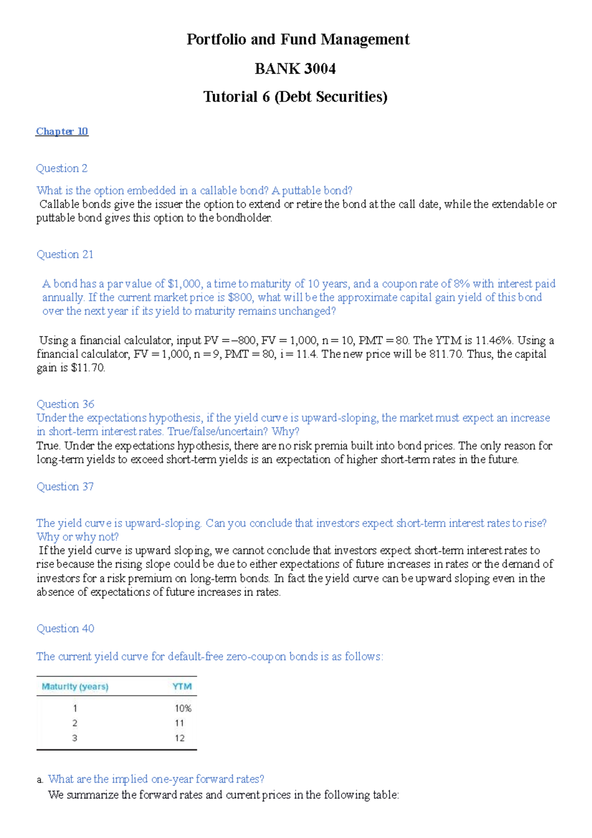 Week 6 Tutorial Questions and Answers - Portfolio and Fund Management ...