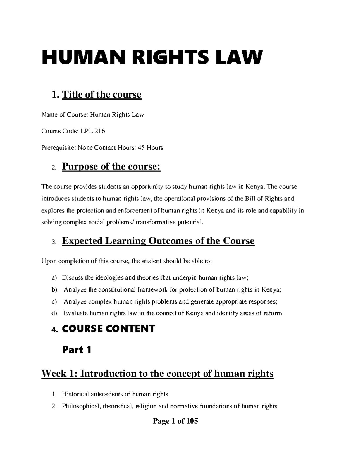 Human Rights LAW - HUMAN RIGHTS LAW 1. Title of the course Name of ...