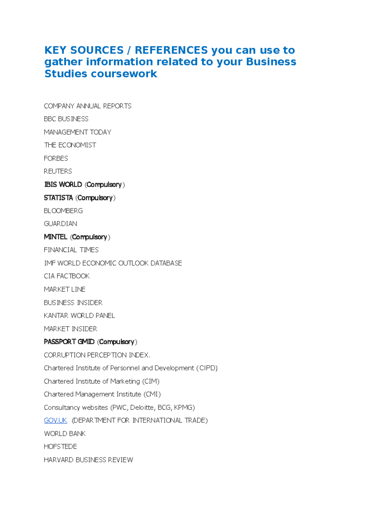 Key sources for Business Studies module assessments - KEY SOURCES ...