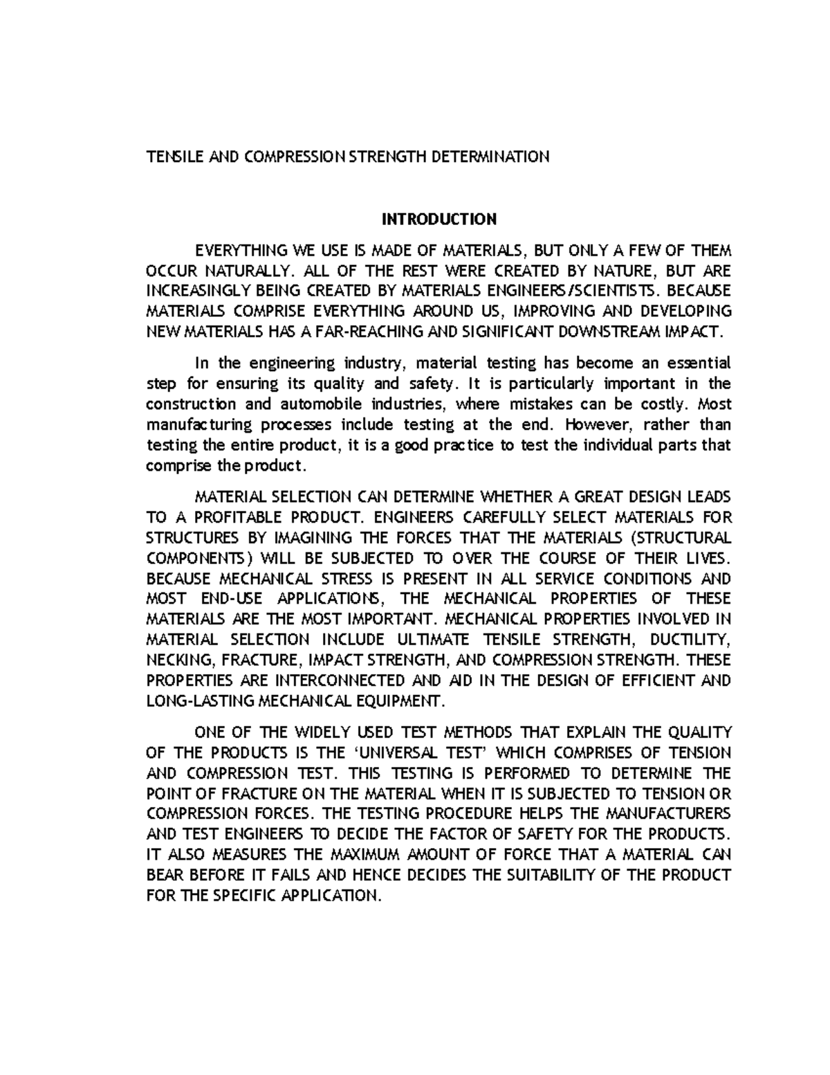 Material Science Lab - A Research Report about Tensile and Compression ...