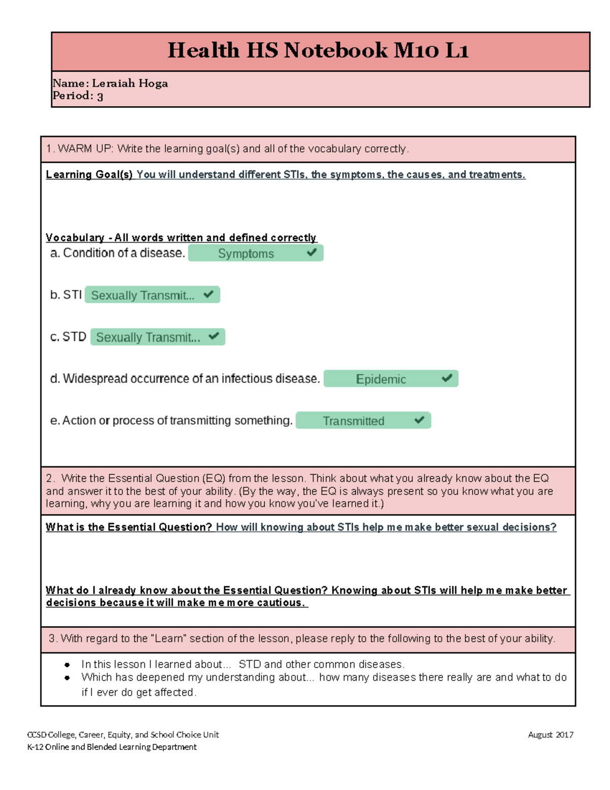 Copy of M10 L1 C. Farrimond Original Health HS Notebook - Health HS ...