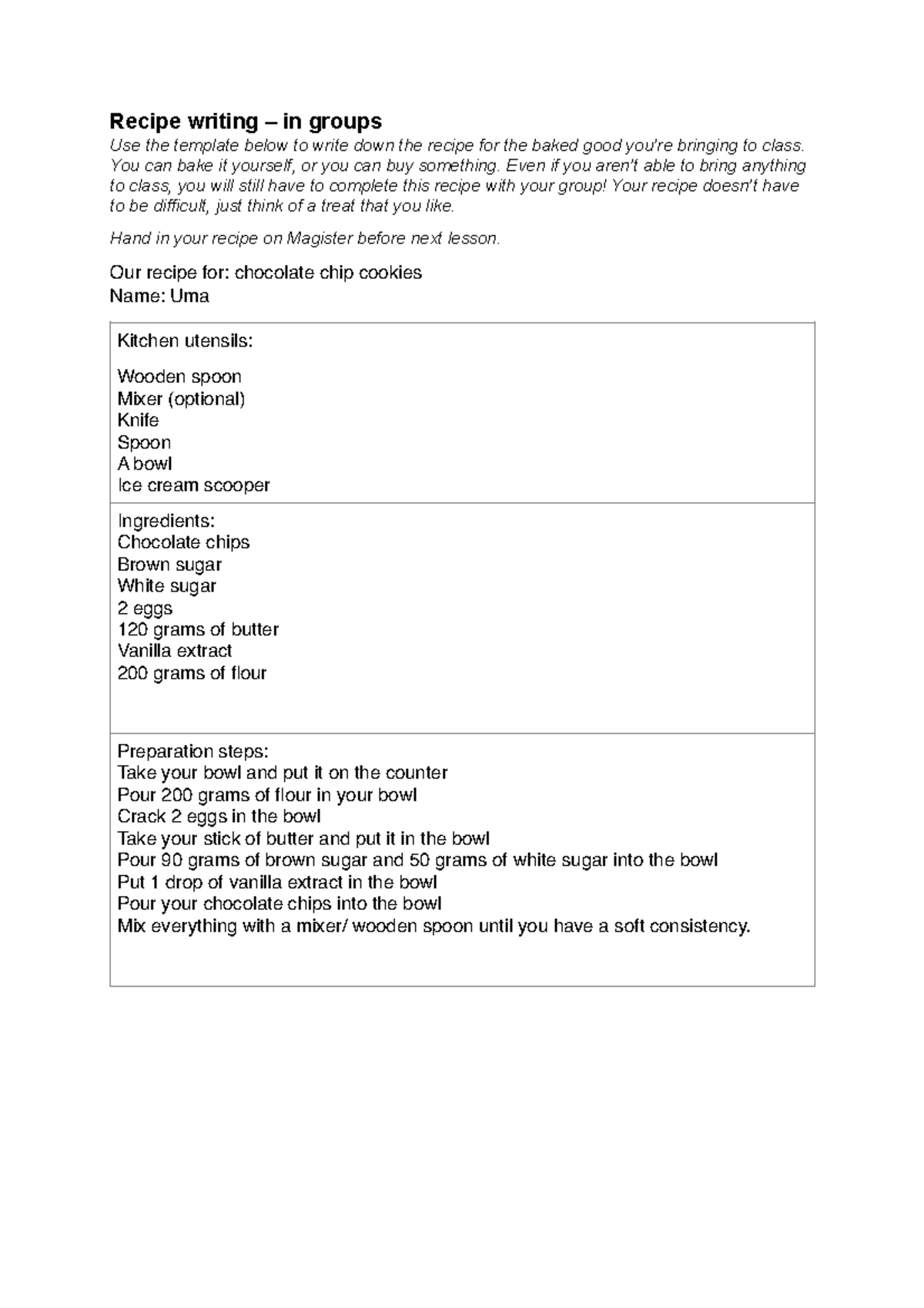 Great British Bake Off recipe writing task - Recipe writing – in groups ...