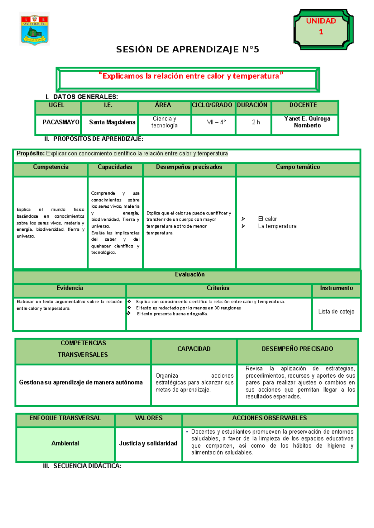 Sesión DE Aprendizaje N° 5 Calor y temp - SESIÓN DE APRENDIZAJE N° I. DATOS GENERALES: UGEL I ...
