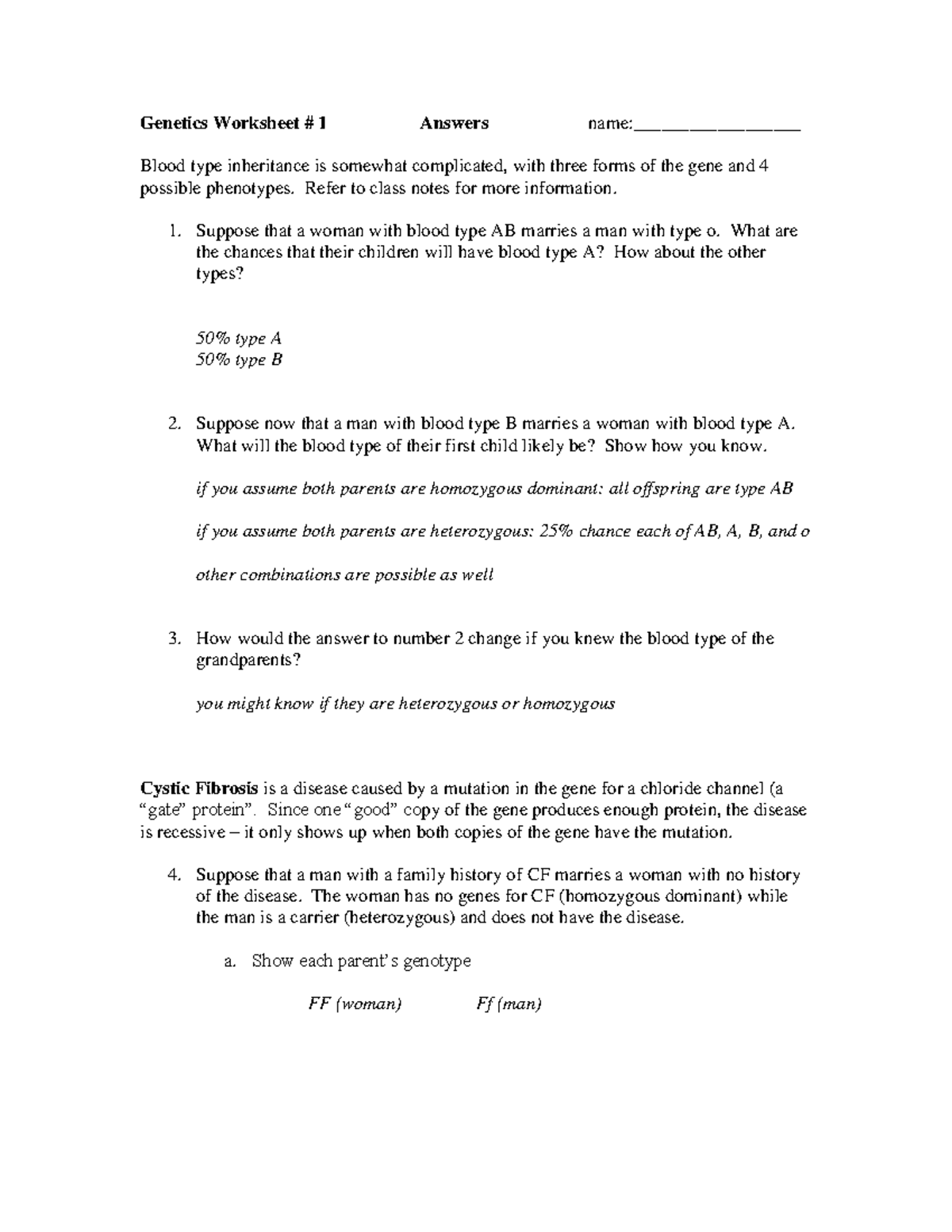 Genetics Worksheet answers - Genetics Worksheet # 1 Answers name ...