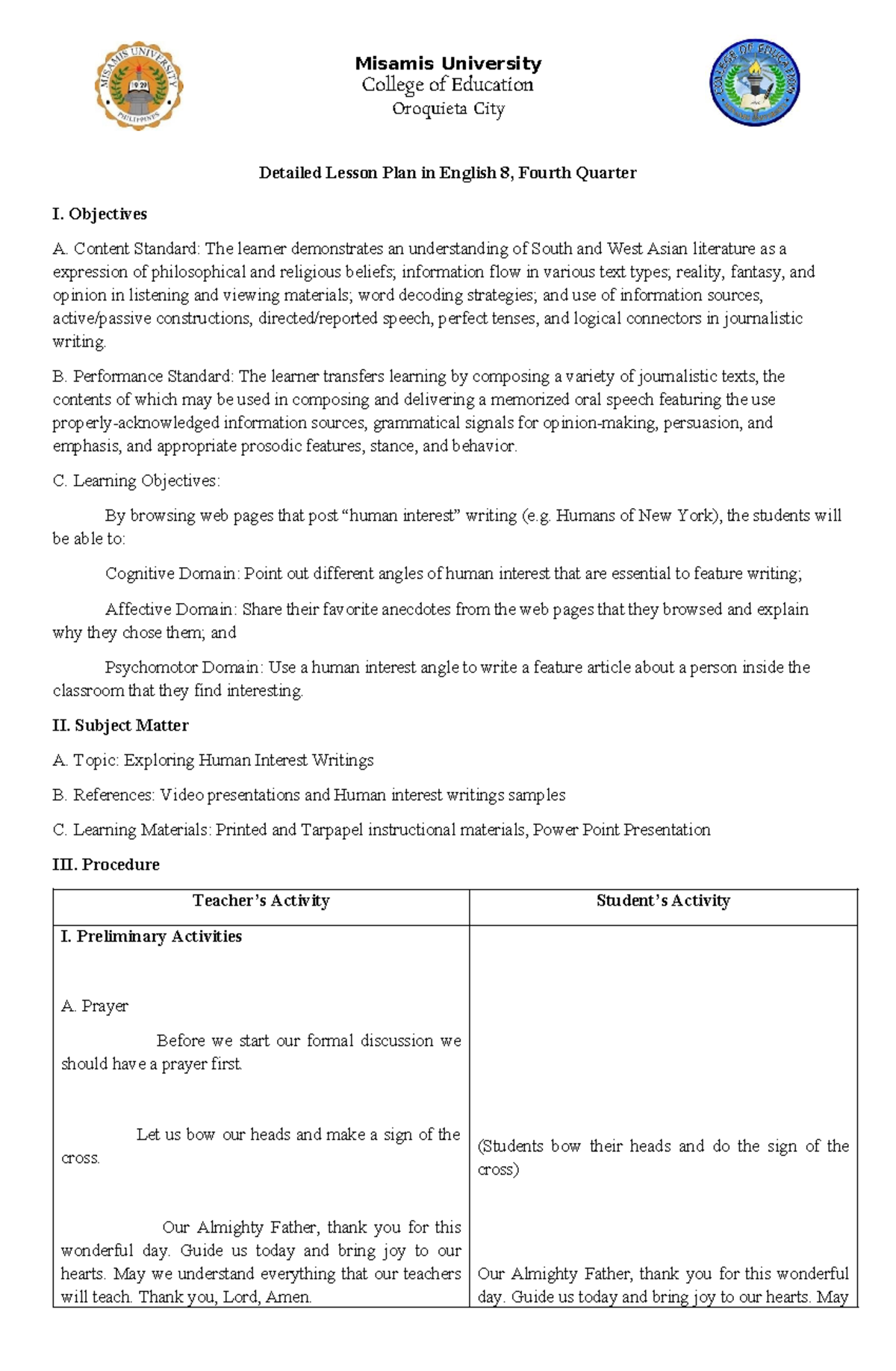 Detailed Lesson Plan English 8 Fourth Quarter 24 25 - Misamis ...