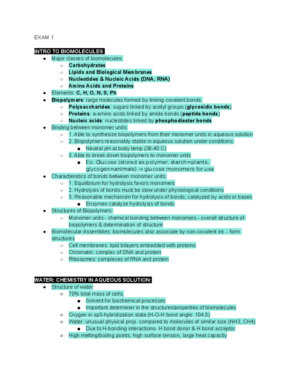 Final Exam Review - Exam 1-4 Review - EXAM 1: INTRO TO BIOMOLECULES ...