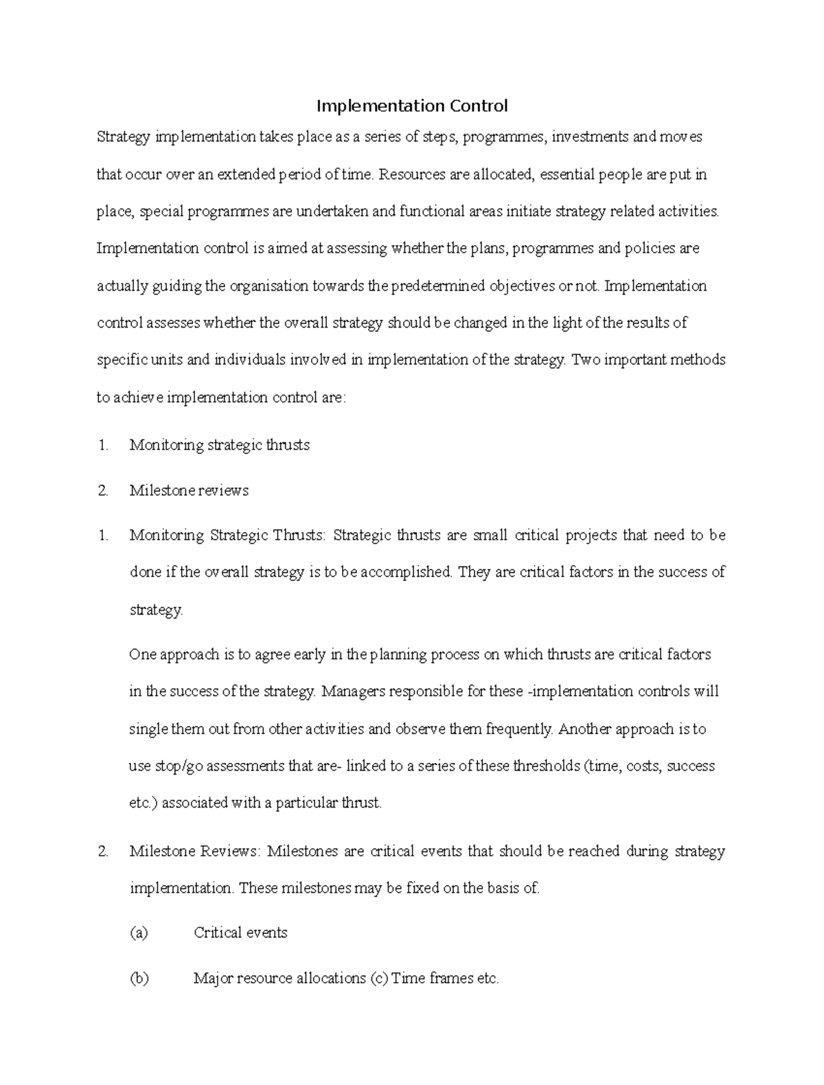 Implementation Control - Implementation Control Strategy implementation ...