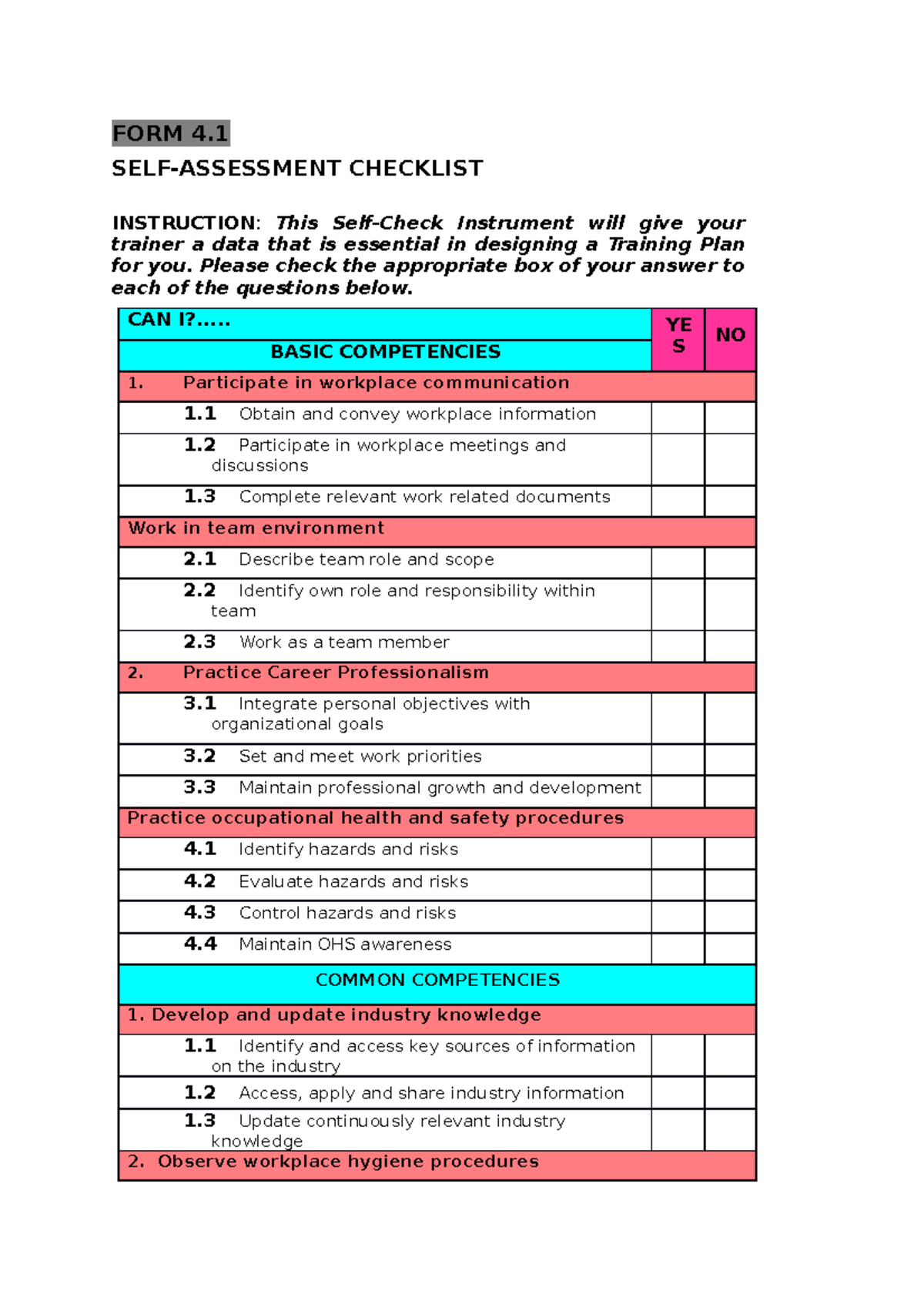 No. 1 Current Competencies - FORM 4. SELF-ASSESSMENT CHECKLIST INSTRUCTION: This Self-Check ...