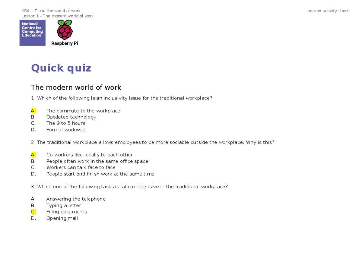 A4 Worksheet – Quick quiz (Repaired) - KS4 – IT and the world of work ...