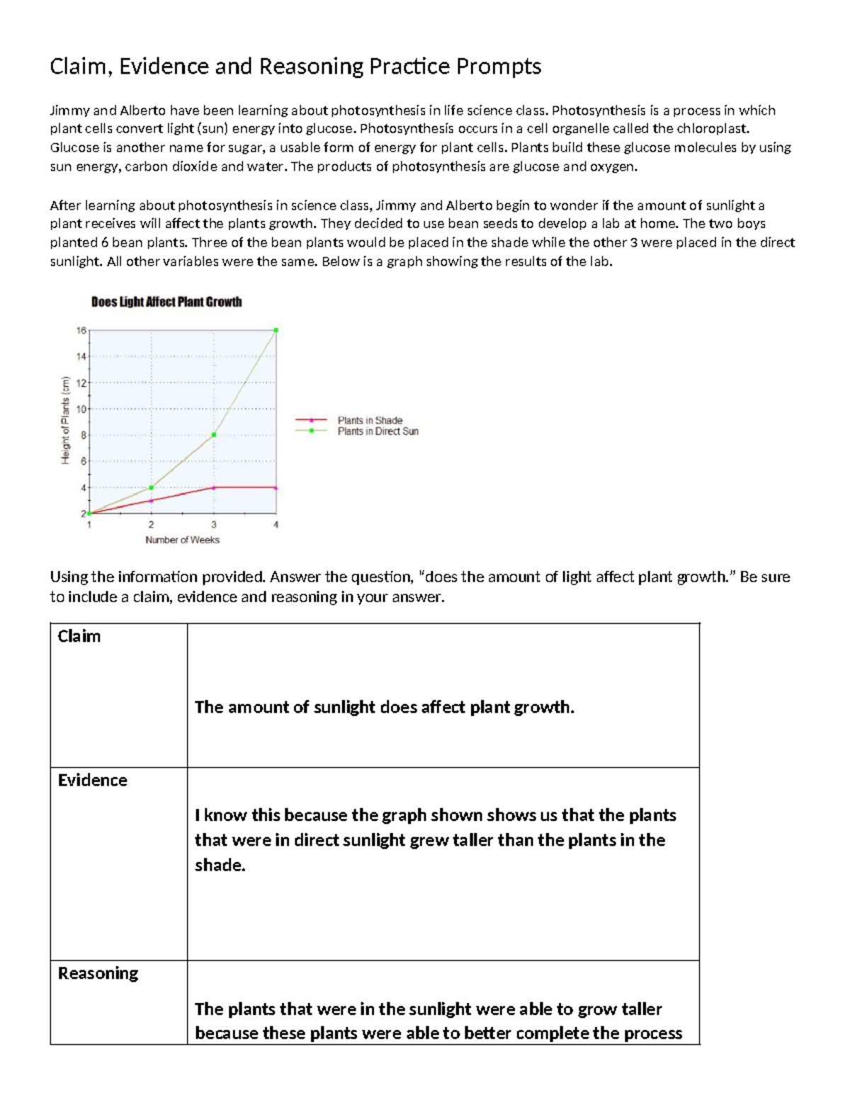 Copy of Claim evidence reasoning practice prompts - Claim, Evidence and ...