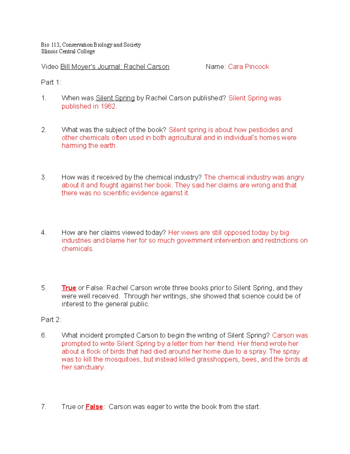 Ch #1 VWS Rachel Carson Part 1 and 2 - Bio 113, Conservation Biology ...