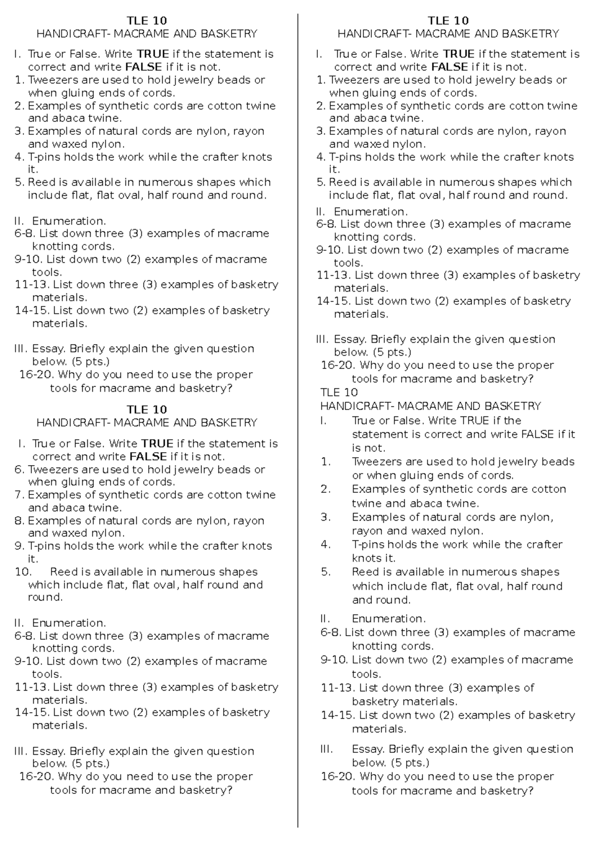 TLE 10 - Copy - notes - TLE 10 MACRAME AND BASKETRY I. True or False ...