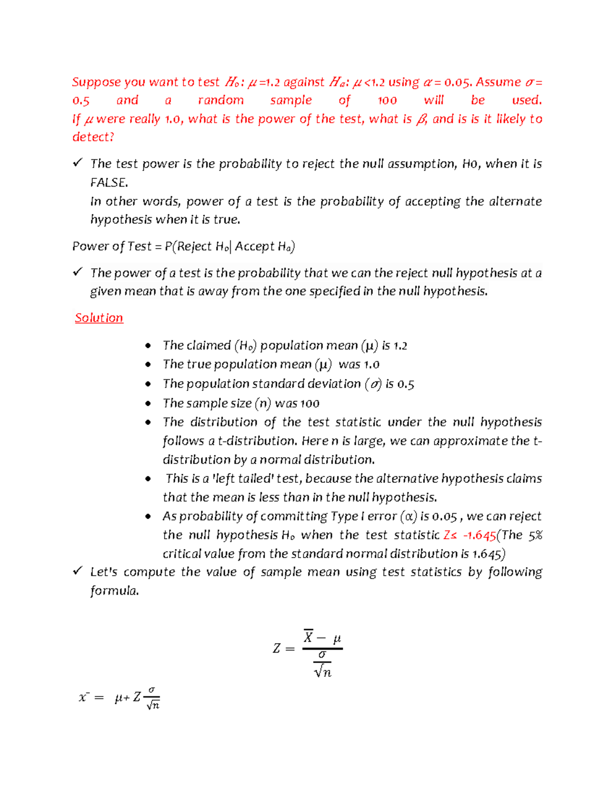 Assignment - Test of hypothesis - Suppose you want to test 𝐻 0 : 𝜇 =1 ...