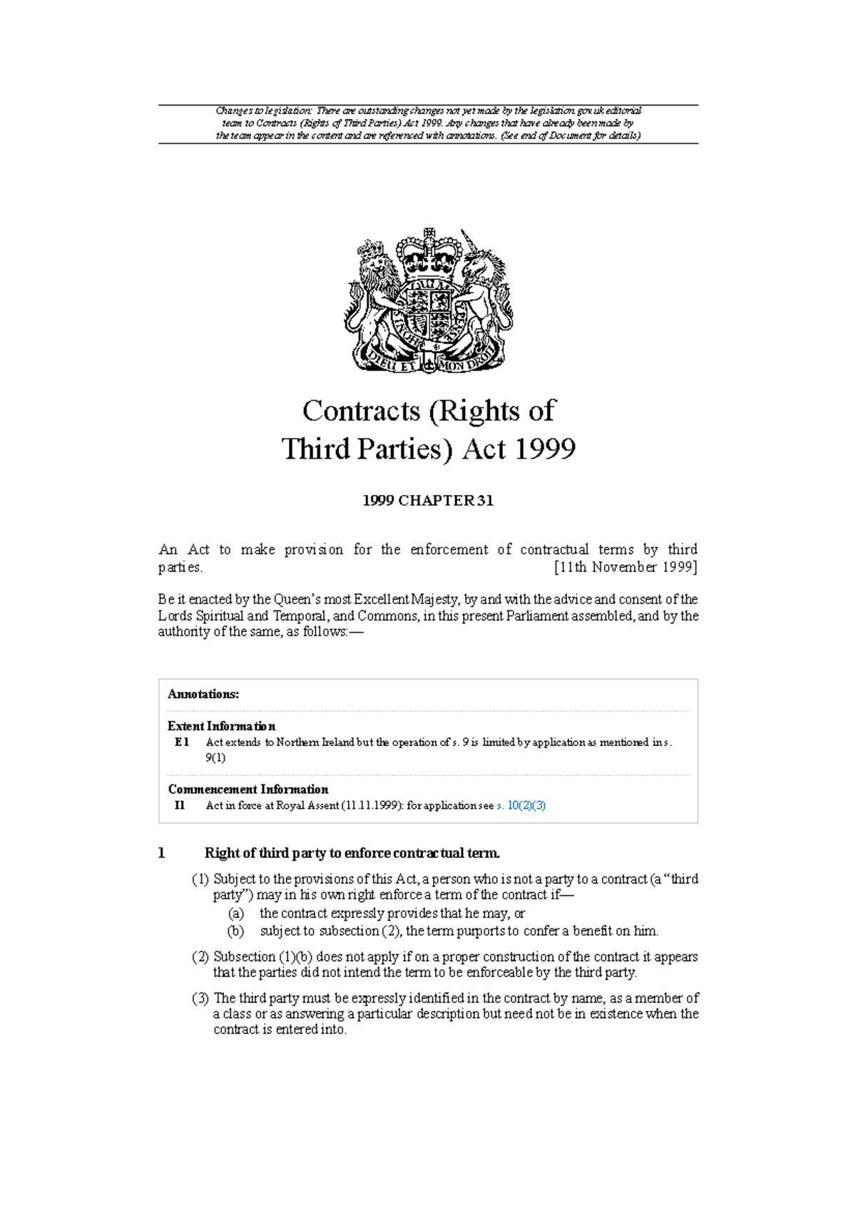Contracts (Rights of Third Parties ) Act 1999 - - Studocu
