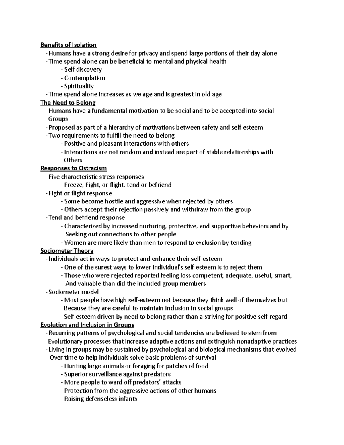 Group Dynamics 3 - Lecture Notes - Benefits of Isolation - Humans have ...