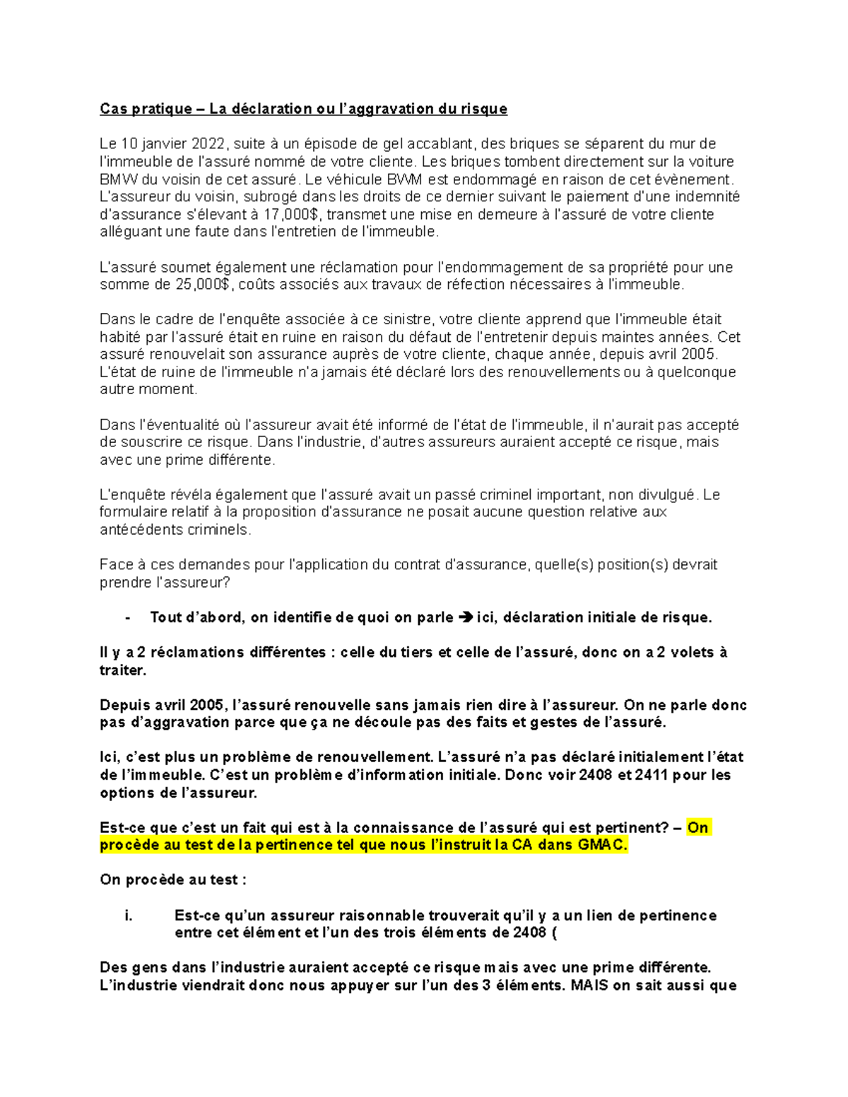 Cas pratique - Déclaration du risque - Cas pratique – La déclaration ou ...