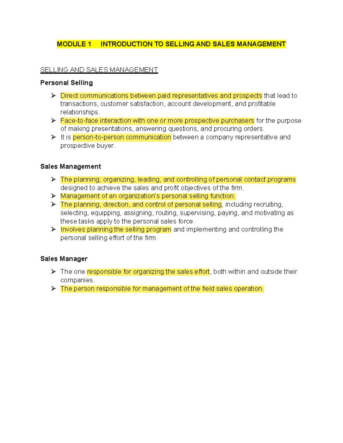 MKT115 Sales Management Midterm Reviewer - MODULE 1 INTRODUCTION TO ...