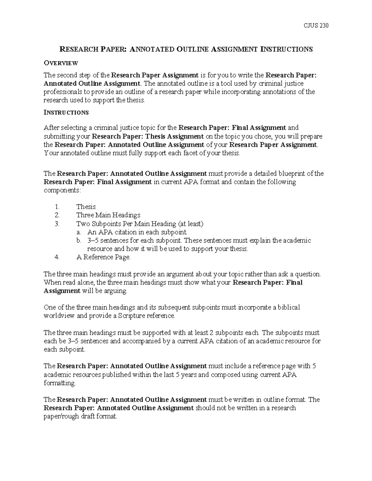 Research Paper Annotated Outline Assignment Instructions - CJUS 230 ...
