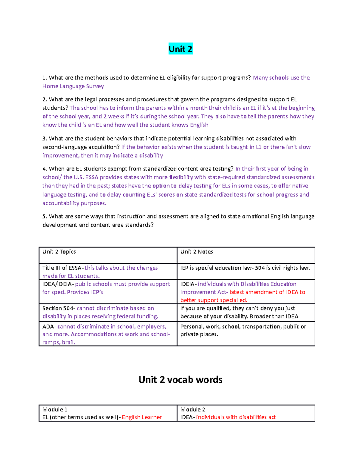 Study guide - Unit 2 What are the methods used to determine EL ...