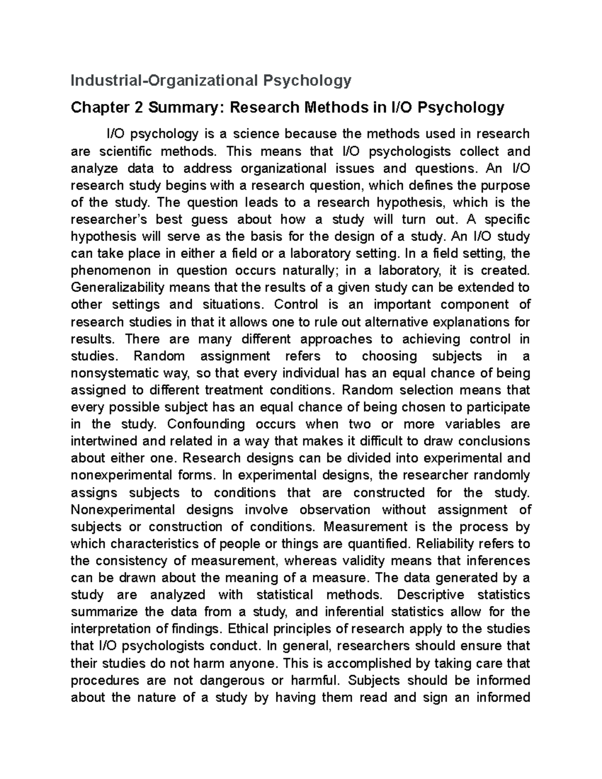 Research Methods in I.O Psychology - Industrial-Organizational Psychology Chapter 2 Summary ...