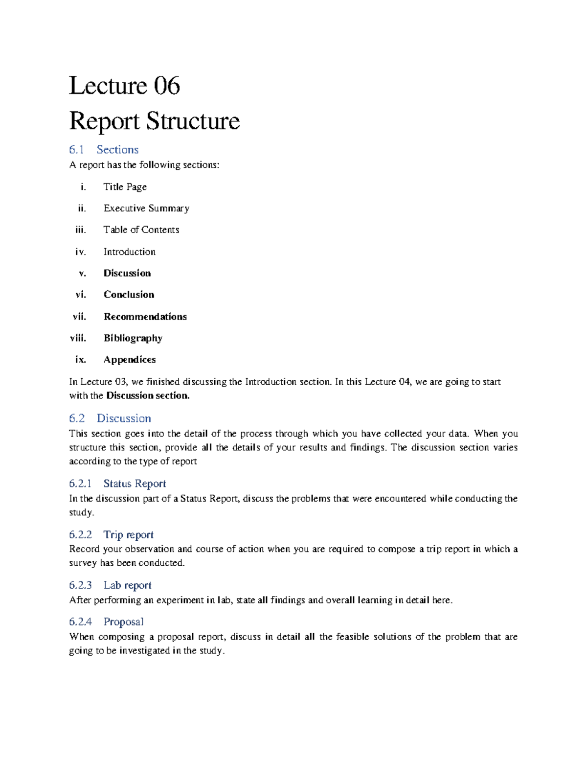 HUM120 Handouts Lecture 06 - Lecture 06 Report Structure 6 Sections A ...