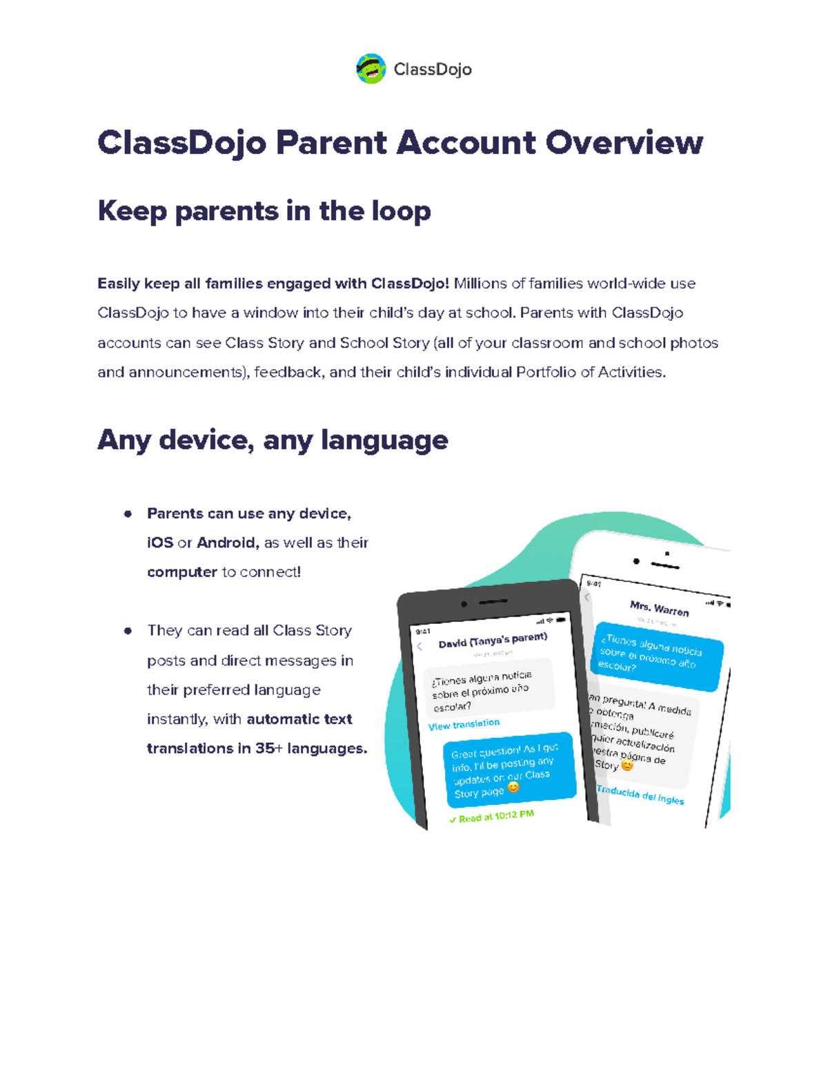 Parent Account FAQ - ClassDojo Parent Account Overview Keep parents in ...