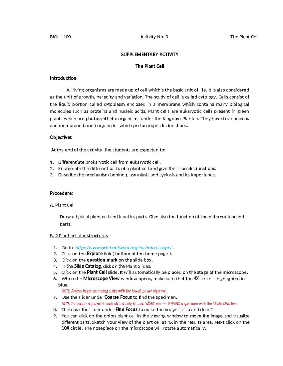 Supplementary Activity Plant cell - SUPPLEMENTARY ACTIVITY The Plant ...