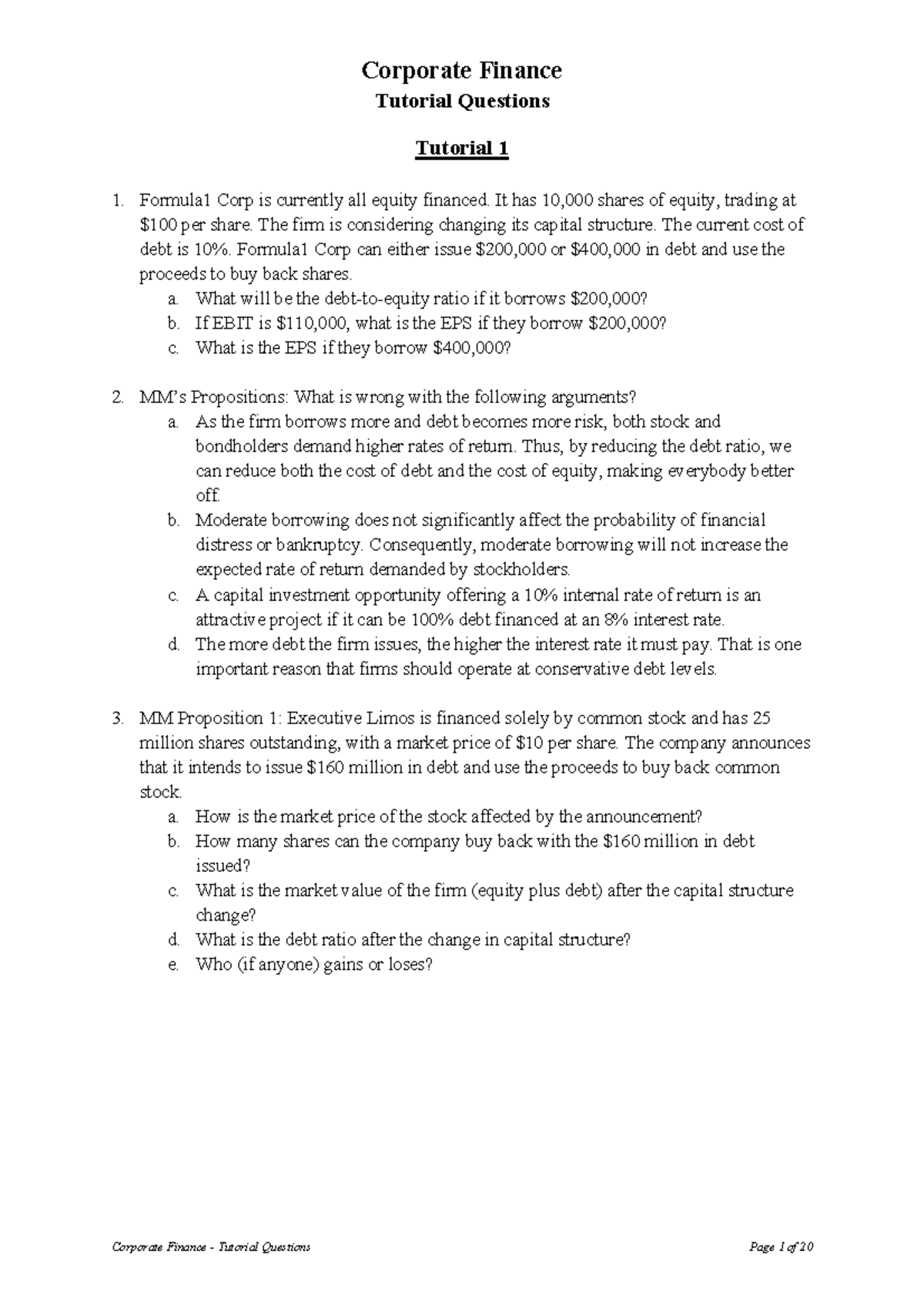 Corporate Finance - Tutorial Questions - Corporate Finance Tutorial Questions Tutorial 1 ...