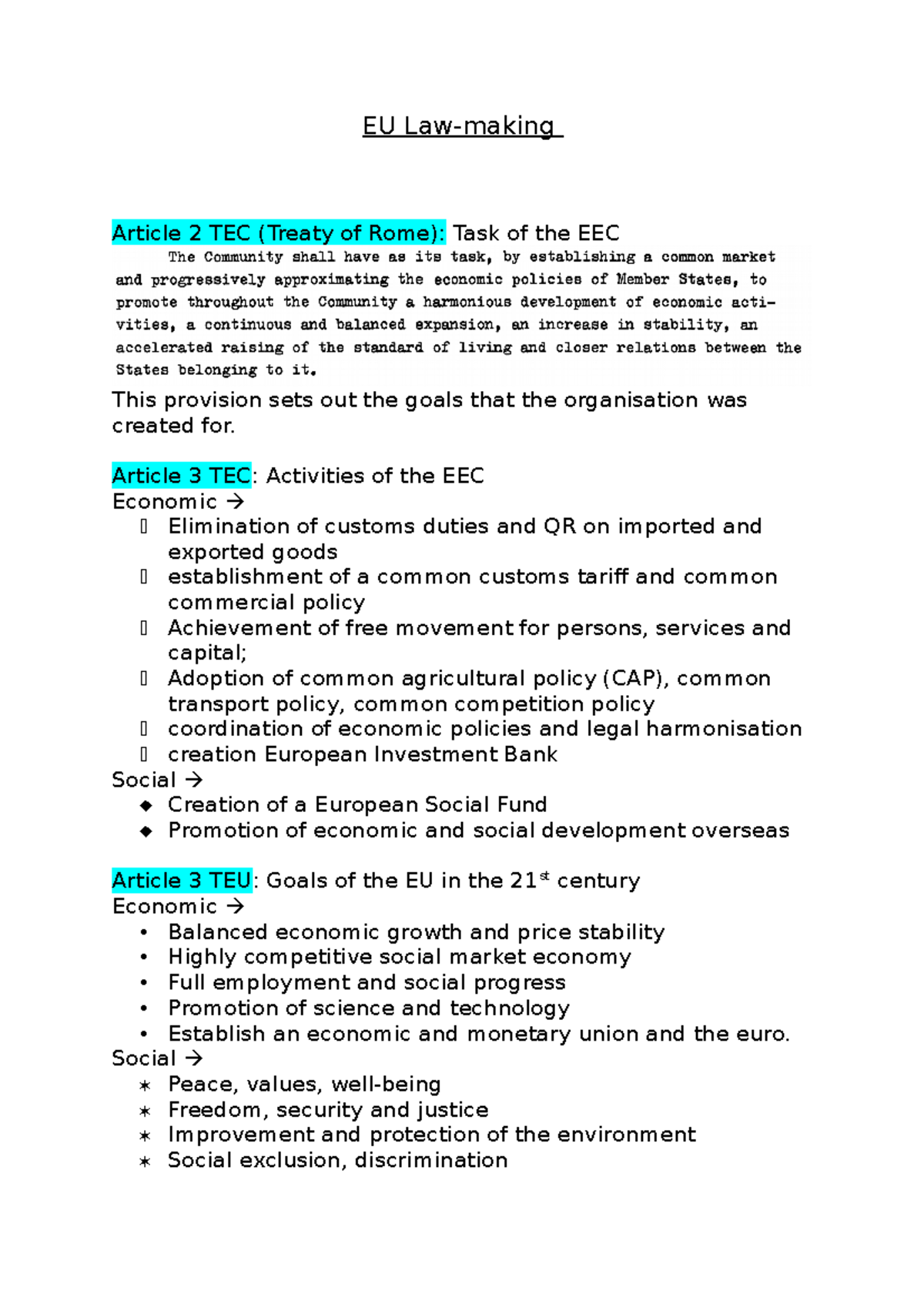 EU Law-Making - EU Law - EU Law-making Article 2 TEC (Treaty of Rome ...
