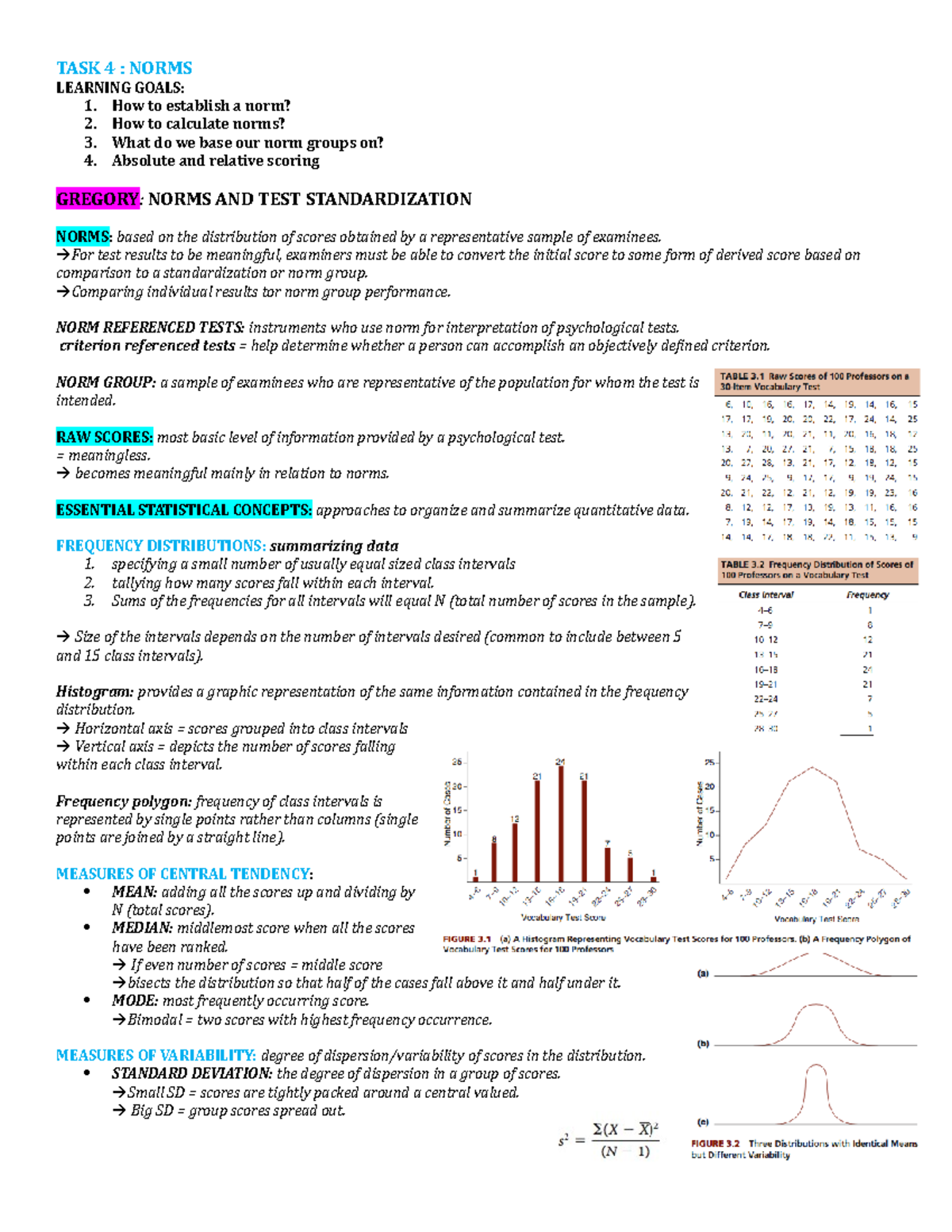 TASK 4 ALL Literature - TASK 4 : NORMS LEARNING GOALS: How to establish a norm? How to calculate ...