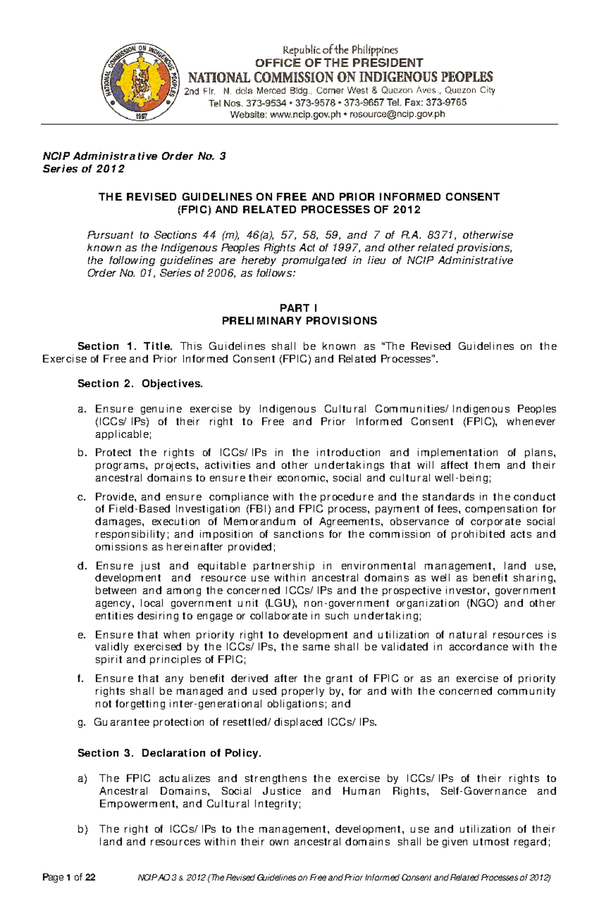 Ncip ao no 3 s 2012 fpic - ....... - NCIP Administrative Order No. 3 ...