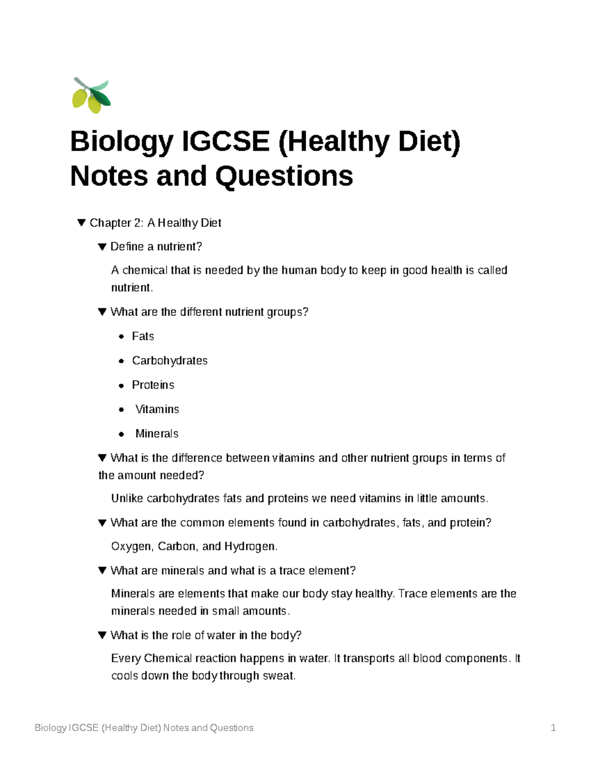 Biology Igcse (Healthy Diet) Notes and Questions - p Biology IGCSE ...
