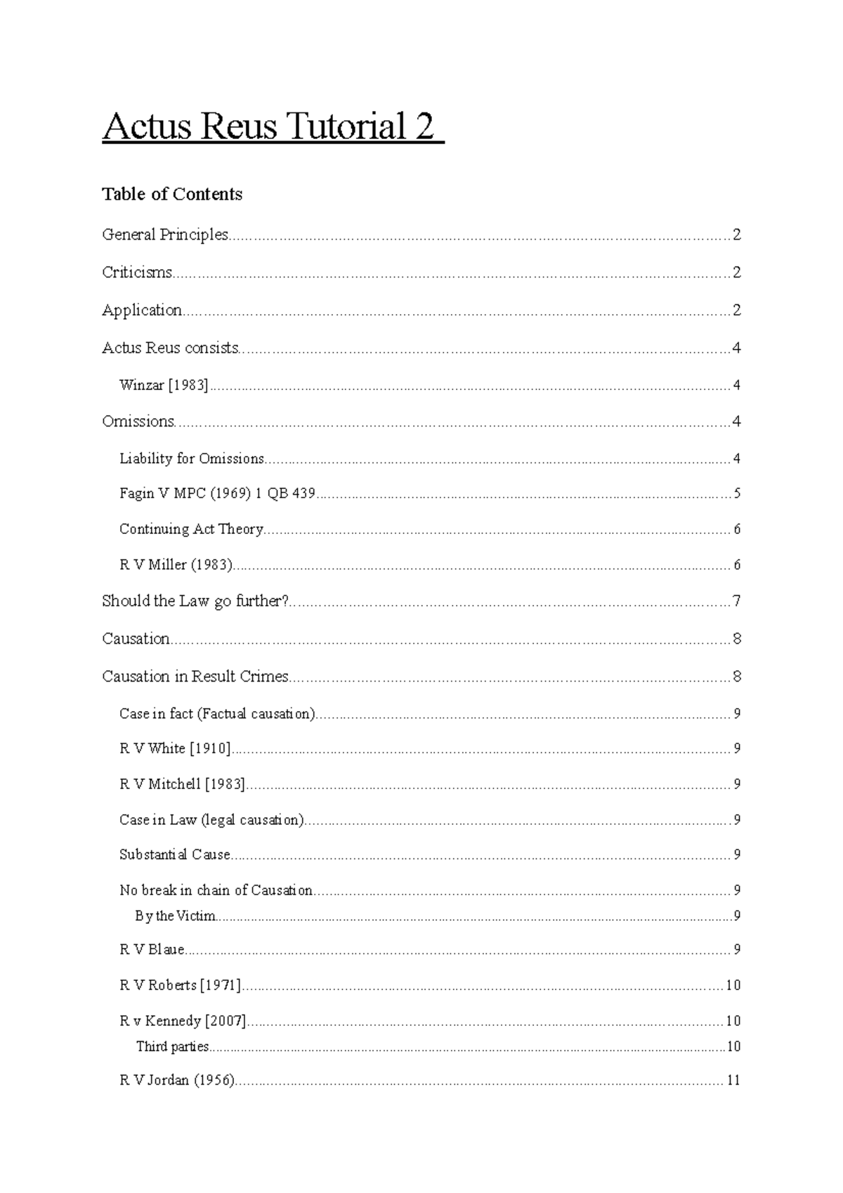 Actus Reus Notes - Table of Contents Actus Reus Tutorial General - Studocu